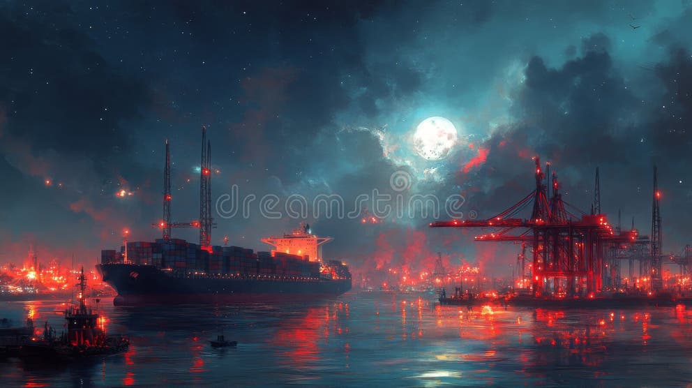 Night Port with Cargo Ships and Cranes Under a Starry Sky Stock ...