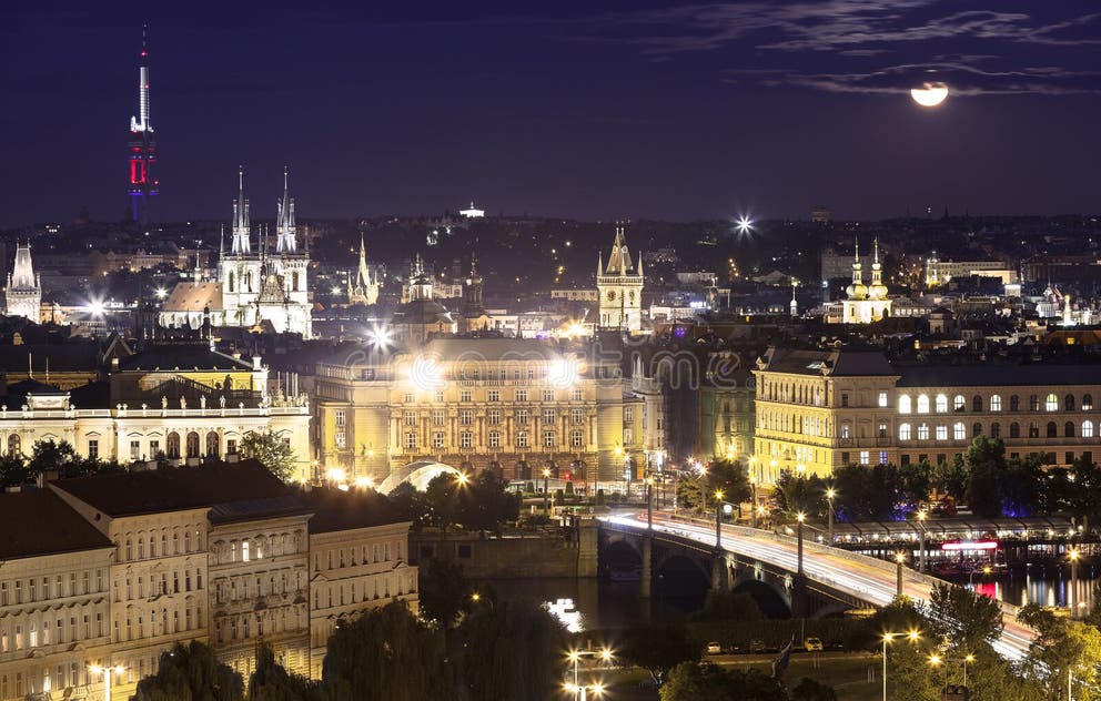 Night Prague Cityscape at Full Moon Stock Photo - Image of bohemia ...