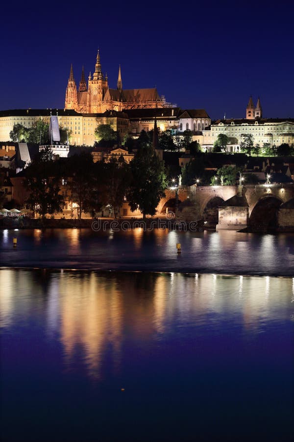 Night Prague Gothic Castle with Charles Bridge Stock Photo - Image of ...