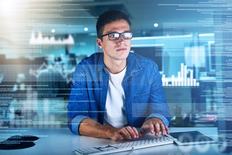 Night, Programmer and Man in Office, Typing and Overlay of Interface, Keyboard and Software ...