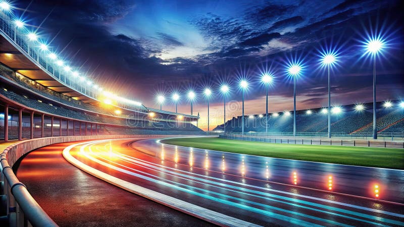 A Night Race Track Double Exposure Empty Grandstand Illuminated Circuit ...