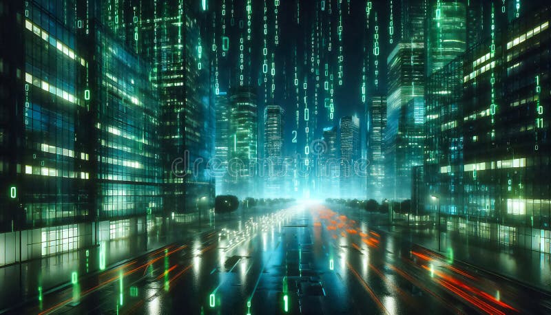 Night Rain in the Form of Binary Code in Green Color, on the Empty ...