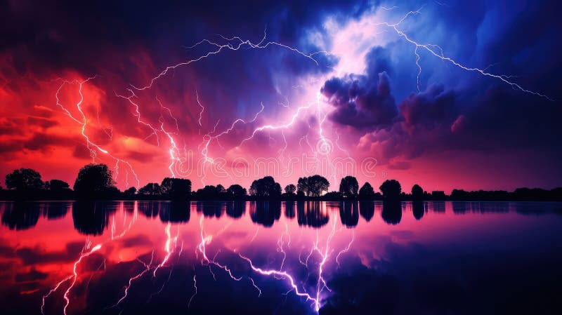 Night red blue lightning stock illustration. Illustration of storm ...