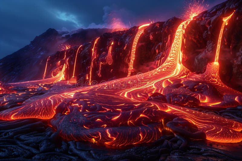 Night, Red Lava Flows on the Ground of an Active Volcano. the Scene Depicts the Lava Stock ...