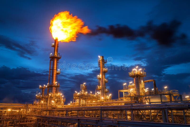 At Night, a Refinery Burns Natural Gas, Creating Bright Flames that ...