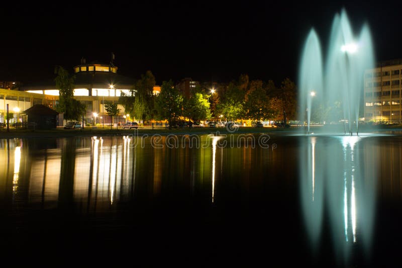 Night Reflection in Small Lake and Fontane Stock Image - Image of small ...