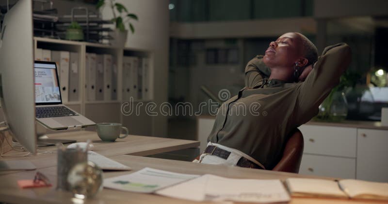 Night, Relax and Business Woman in Office with Tech, Commitment and ...