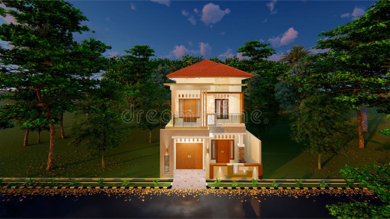 Night Render Front of 2 Story House 3 Stock Illustration - Illustration ...