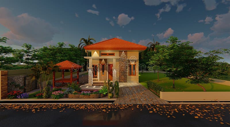 Night Render Front of 1 Story House Stock Illustration - Illustration of residential, outdoor ...