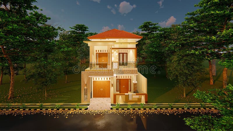 Night Render Front of 2 Story House 2 Stock Illustration - Illustration ...