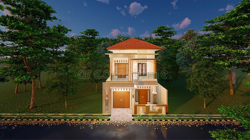 Night Render Front of 2 Story House 3 Stock Illustration - Illustration ...