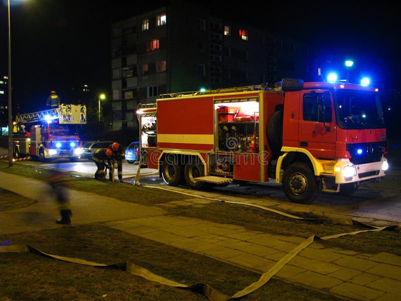 Fire Engine At Night-time Emergency Stock Image - Image of floodlight ...