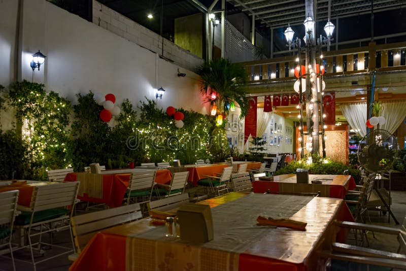 Modern Restaurant Interior In Night Illumination Stock Photo - Image of ...