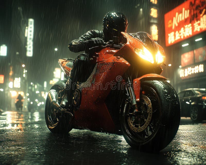 Rainy Night Rider: Red Sportbike in City Stock Illustration ...