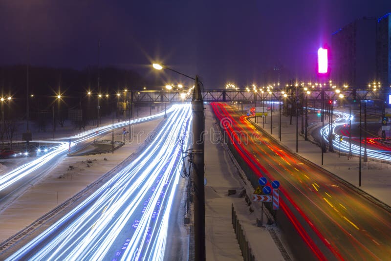 Night Road in the City with Car the Light Trails Stock Photo - Image of ...