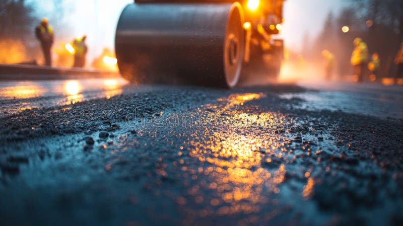 Night Road Construction: Asphalt Roller and Workers Stock Illustration ...