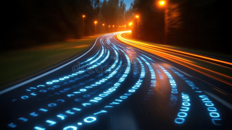 Night Road, Digital Code, Blurred Car Lights, Forest Background ...