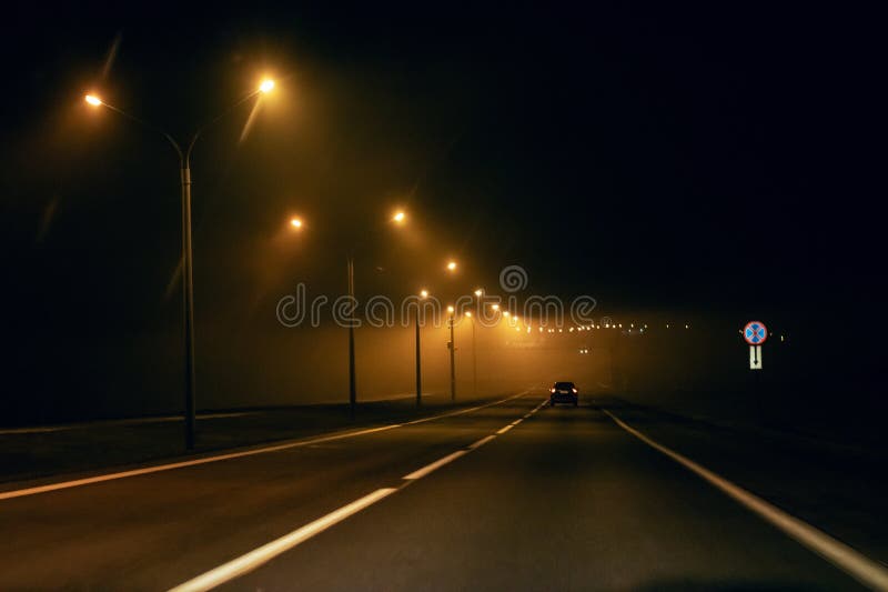 Night Road in Fog with Yellow Lanterns Stock Photo - Image of drive ...