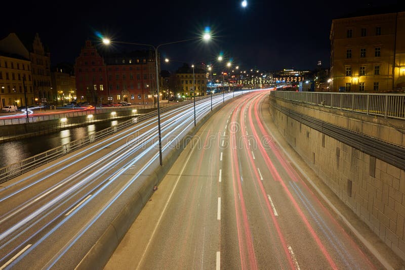 Night Road with Light Trails. Stock Image - Image of cars, sweden ...