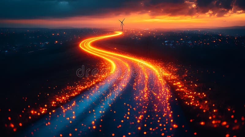 Night Road, Light Trails, Sunset, Wind Turbine, City Stock Illustration ...