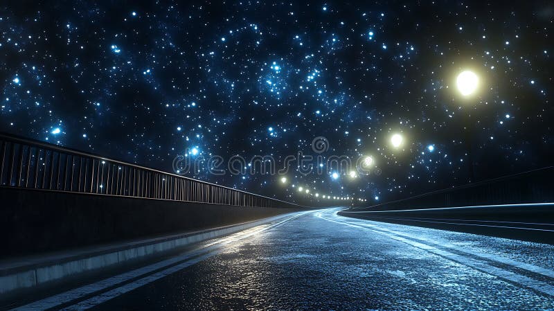 Night Road with Shining Lights Under Starry Sky Stock Illustration ...