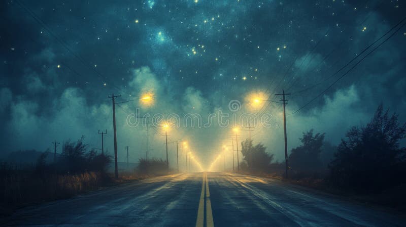 Night Road Under Starry Sky Stock Illustration - Illustration of blue ...