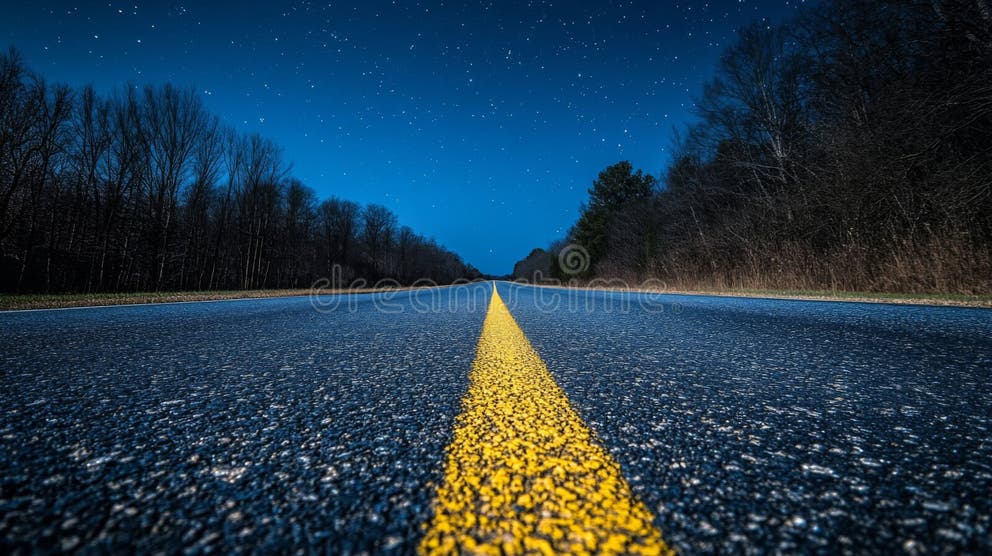 Night Road with Yellow Line Under Starry Sky Stock Illustration ...