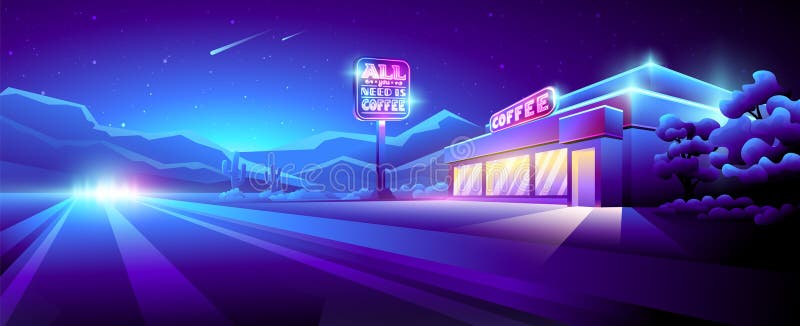 Night Roadside Cafe with Neon Signs Stock Vector - Illustration of ...