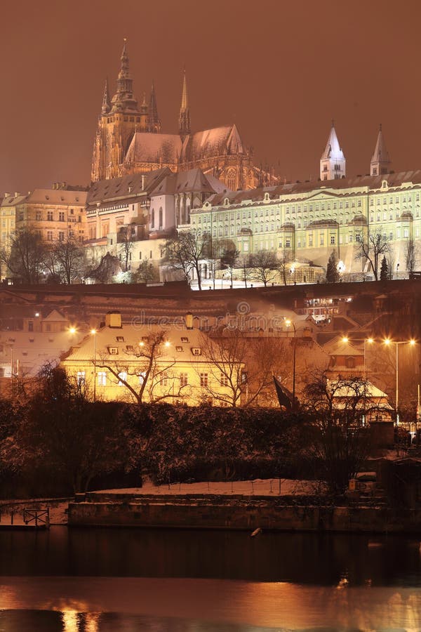 Night Romantic Snowy Prague Gothic Castle Stock Photo - Image of snow ...