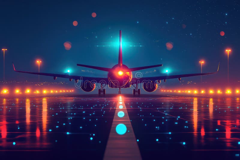 Night Runway Lights Airplane Ready Takeoff Stock Photo - Image of ...