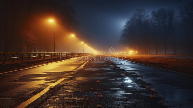 Night S Quiet Passage. the Luminous Path of an Empty Car Road Stock ...