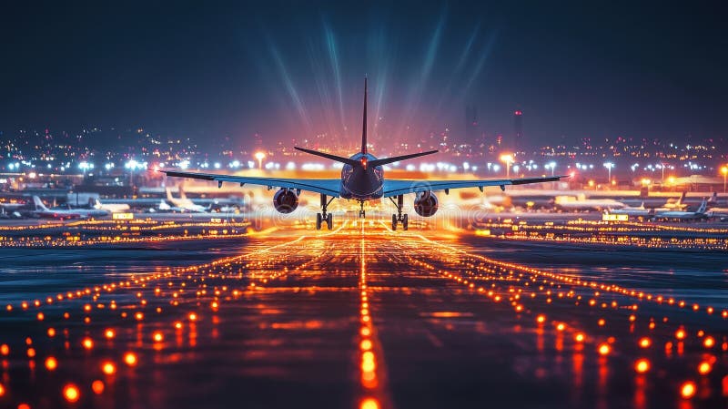 A Night Scene of an Airplane on a Runway, Illuminated by Lights at an ...