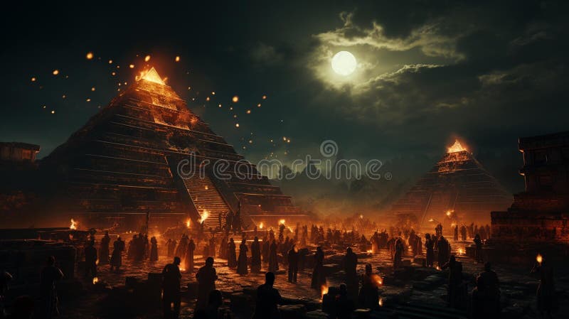 Night Scene during an Aztec Ritual Illuminated by the Bright Light of a ...