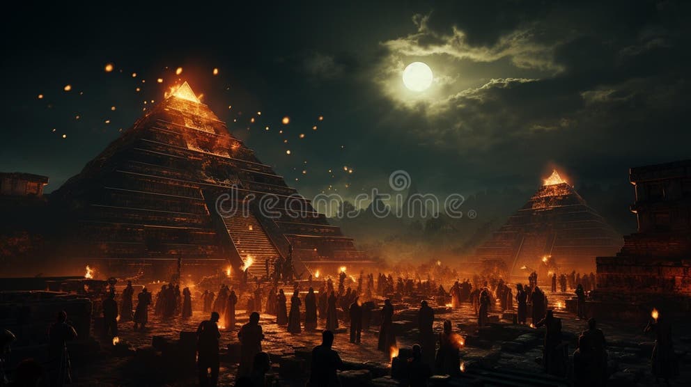 Night Scene during an Aztec Ritual Illuminated by the Bright Light of a ...