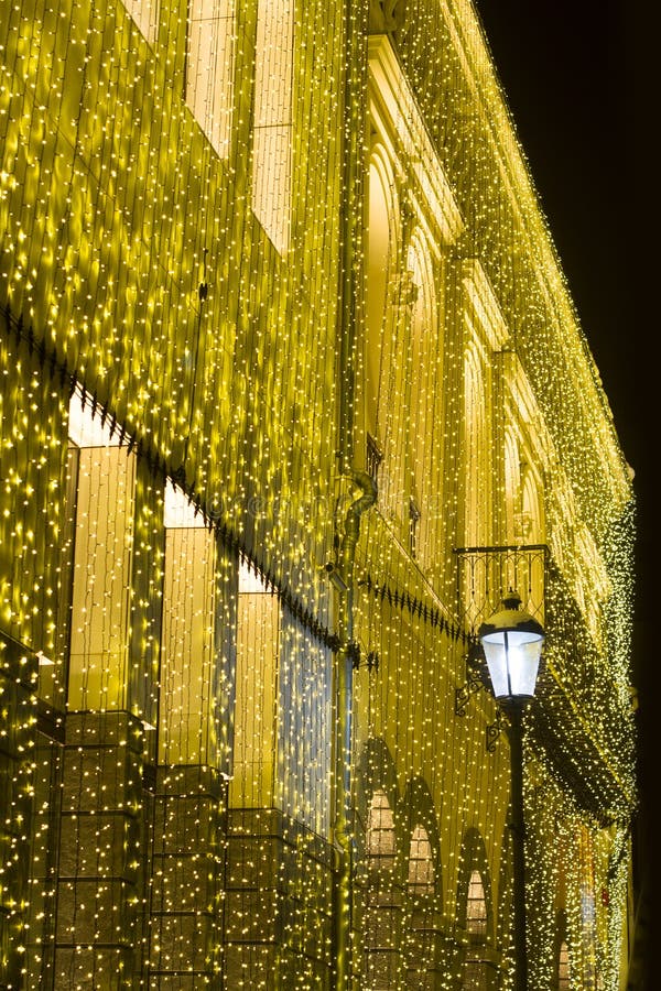 Night Scene with Building Covered in Led Lights Stock Image - Image of ...