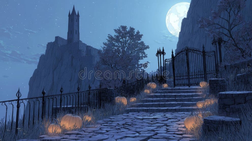 Night Scene with Castle and Moonlit Steps Stock Illustration ...