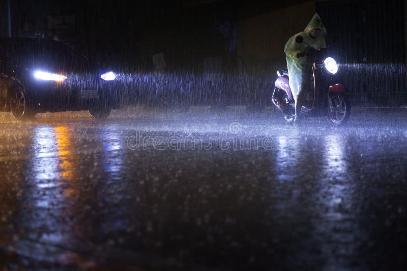 Night Scene of Hard Rain Fall in the City. Stock Image - Image of ...