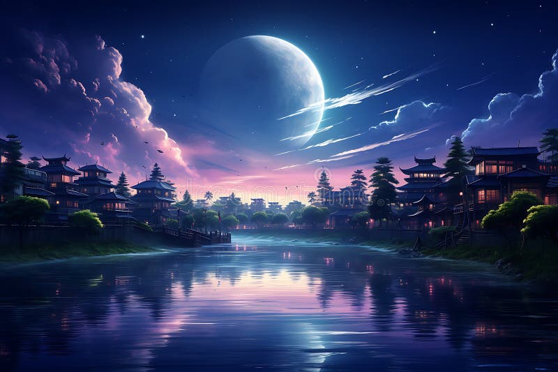 Night Scene with Cityscape and Moon in the Sky, Vector Illustration ...