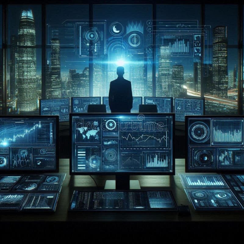 Night Scene Control Room: Data Visualization and Financial Charts Stock ...