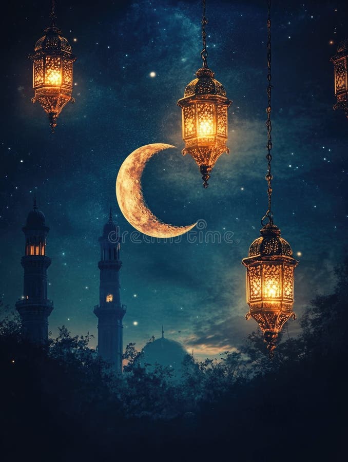 Night Scene with Crescent and Lanterns Stock Image - Image of moon ...