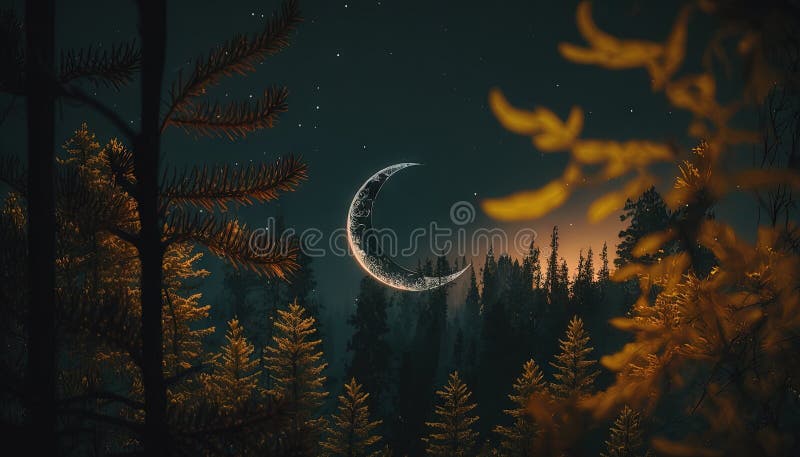 A Night Scene with a Crescent Moon and Pine Trees in the Foreground ...