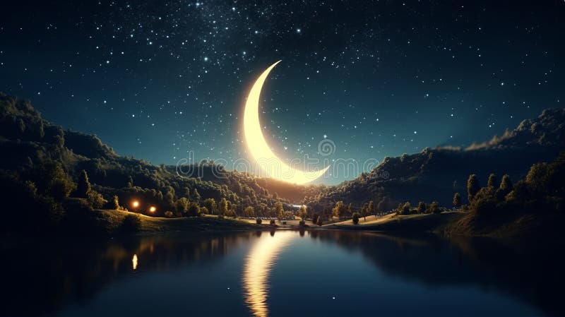 Night Scene with a Crescent Moon and Stars. Generative AI Stock ... Night Scene with a Crescent Moon and Stars. Generative AI Stock ...