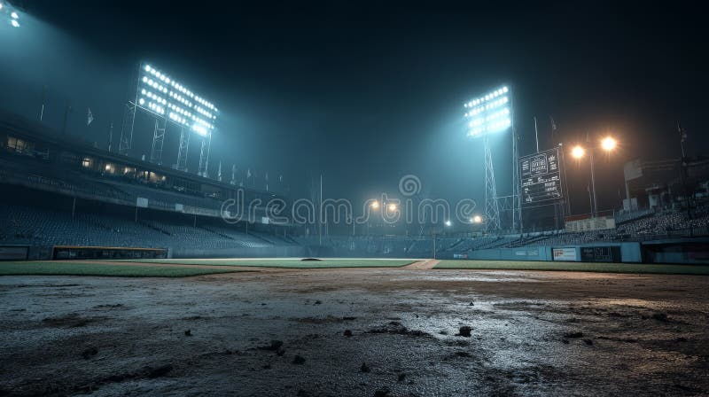 Night Scene of Empty Stadium with Illuminated Scoreboard and Misty ...