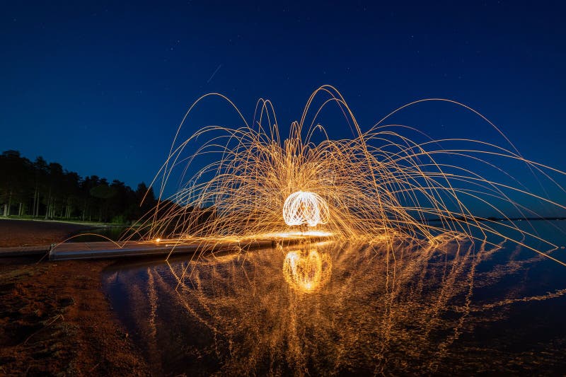 Night Scene Featuring a Burning Fire Created by Spinning Steel Wool ...
