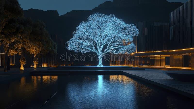 Luminous Blue Tree Reflecting in Nighttime Pool Stock Illustration ...