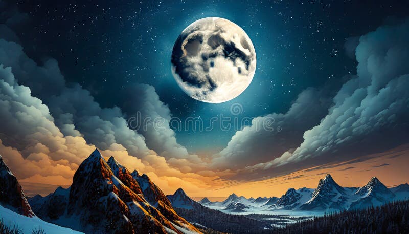 Night scene with full moon stock illustration. Illustration of planet ...