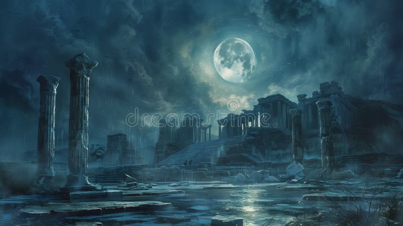 Night Scene with Full Moon Painting Image Stock Image - Image of ...