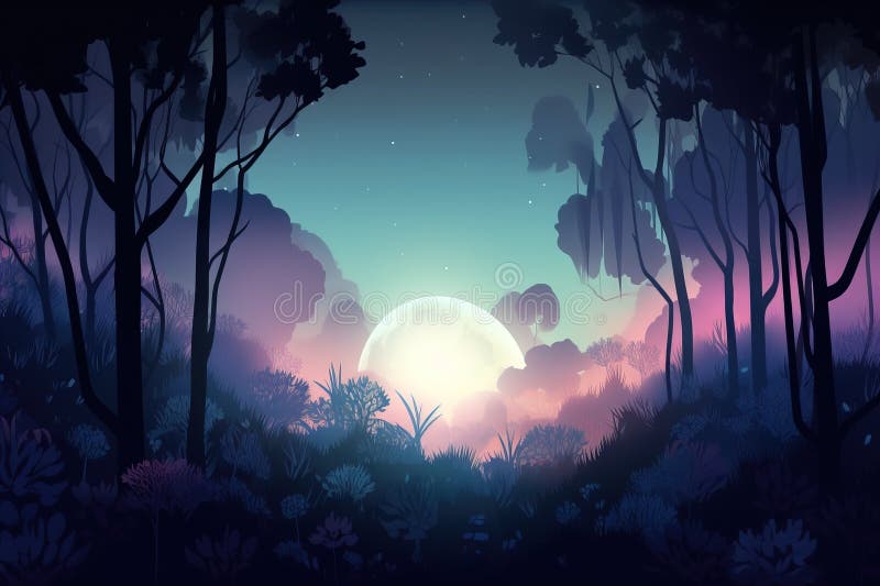 A Night Scene with a Full Moon in the Sky and Trees Stock Illustration ...