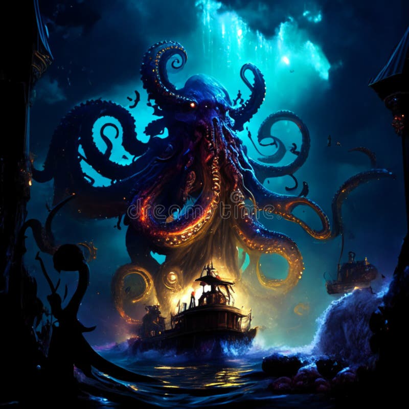 Night Scene with a Glowing Octopus in Front of a Temple. Generative AI ...