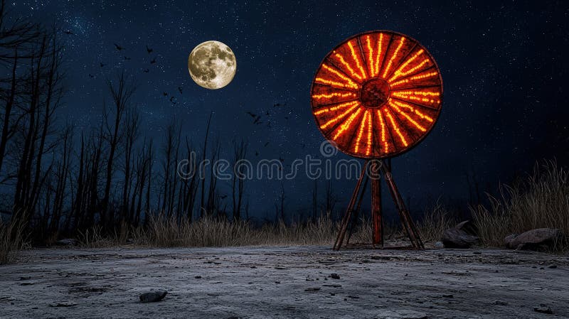 Night Scene with a Glowing Windmill Full Moon and Dark Silhouettes of ...